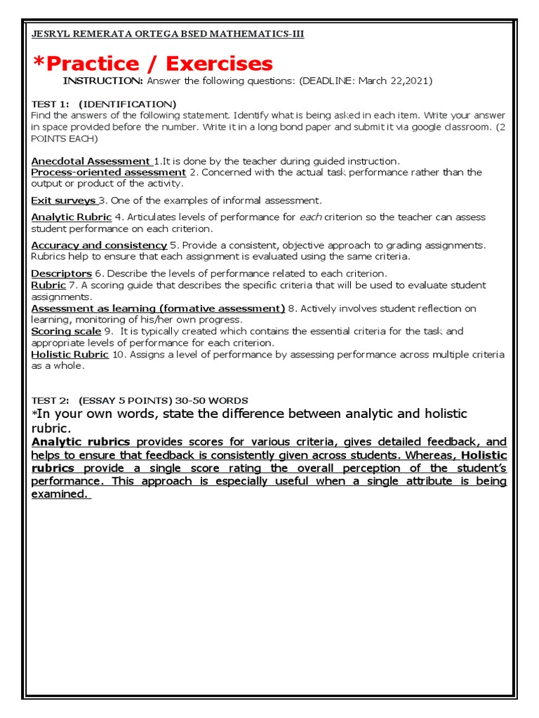 Quiz 3 MODULE 5-ANALYTICAL VS. HOLISTIC RUBRIC | PDF