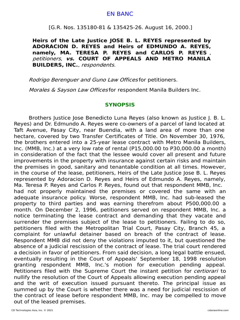 Heirs of The Late JBL Reyes v. CA | PDF | Injunction | Lease