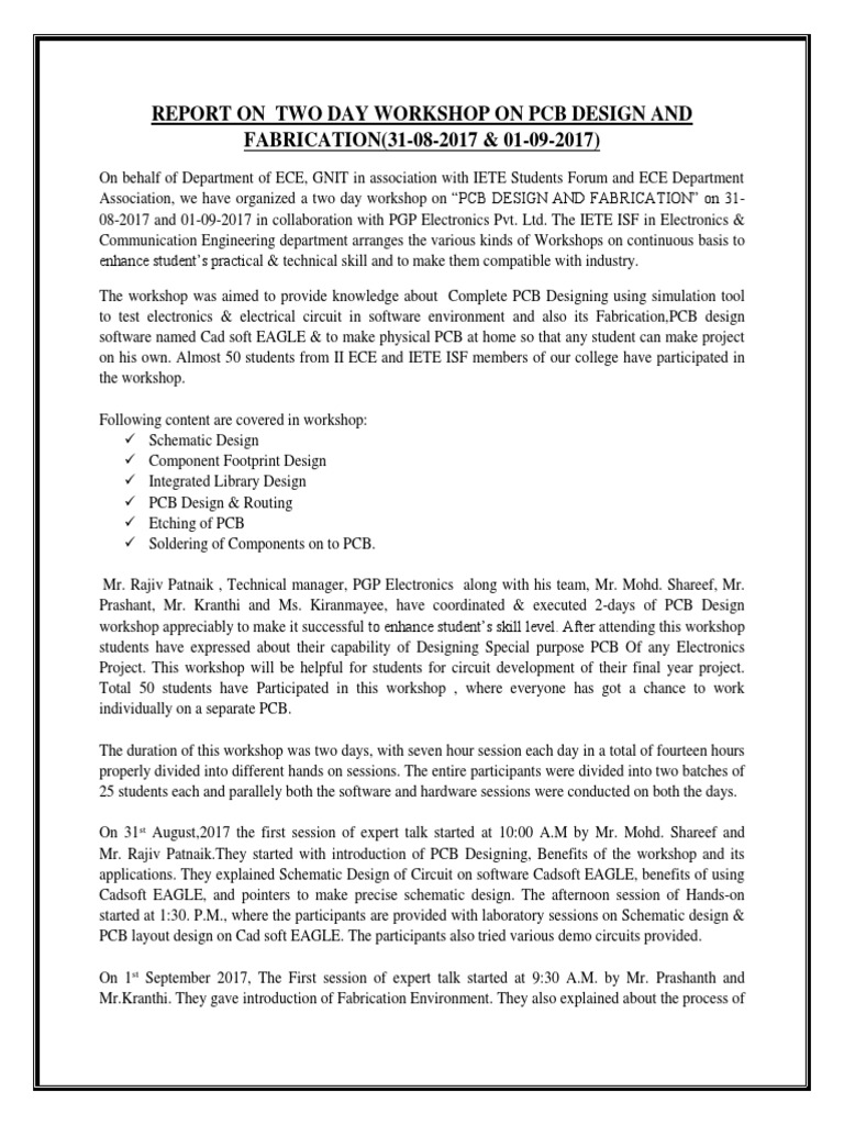 Report On Two Day Workshop On PCB Design and Fabrication | PDF ...