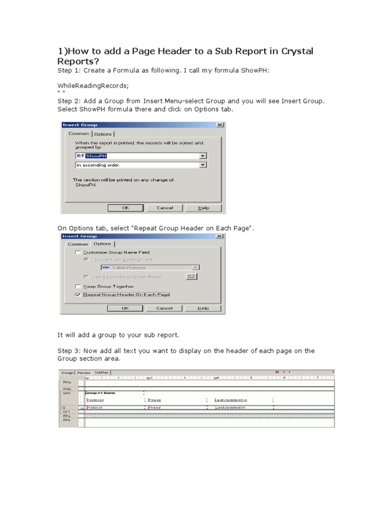 How To Add A Page Header To A Sub Report In Crystal Reports Pdf Database Index Information
