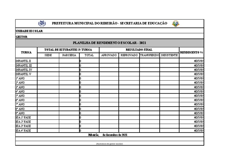 Planilha de Rendimento Escolar 2021 | PDF