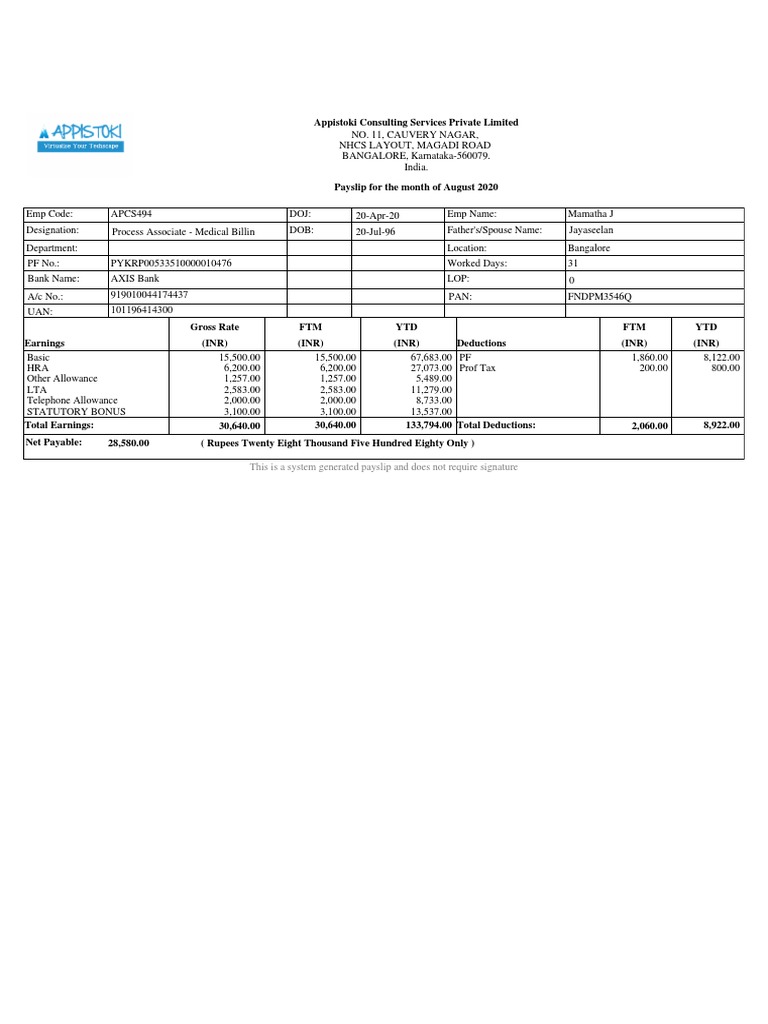 This Is A System Generated Payslip and Does Not Require Signature | PDF ...