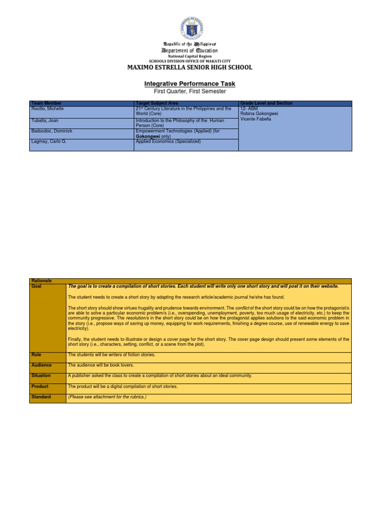 Maximo Estrella Senior High School Integrative Performance Task | PDF ...