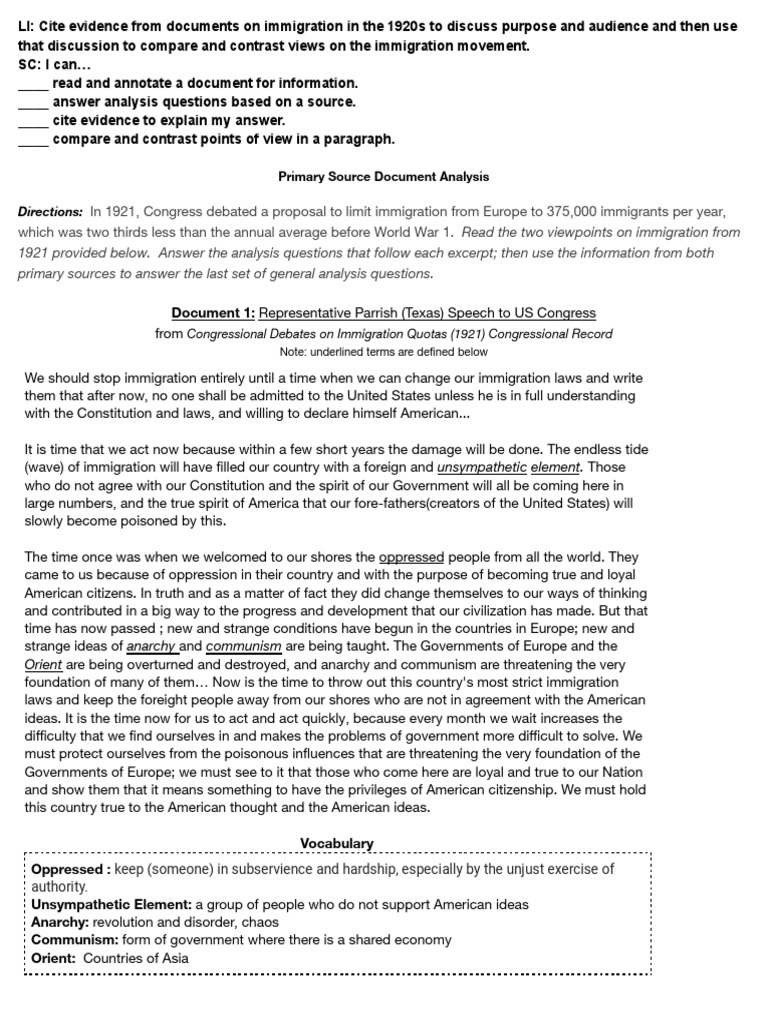 Immigration in The 1920s | PDF