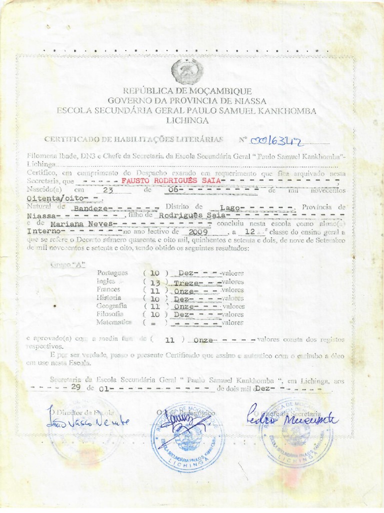 Certificado 12 Classe | PDF