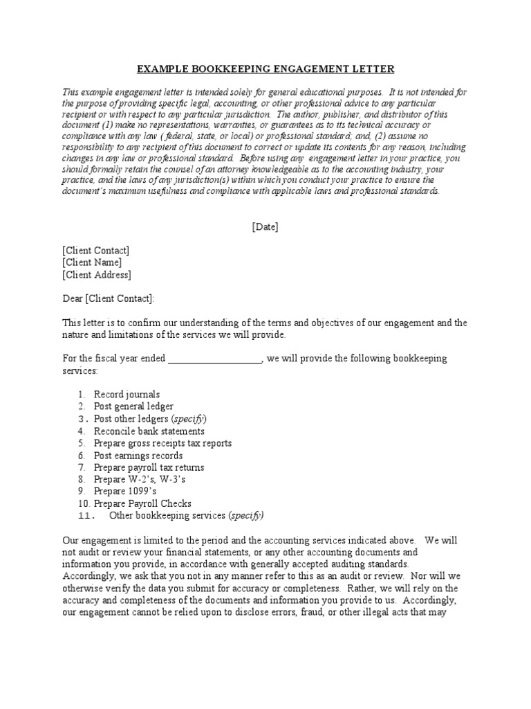 Bookkeeping Engagement Letter | Internal Control | Bookkeeping