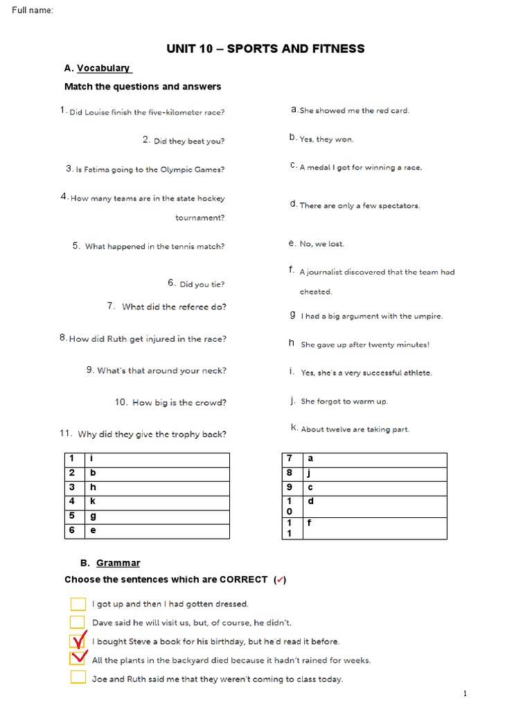 Unit 10 - Sports and Fitness: A. Vocabulary Match The Questions and ...