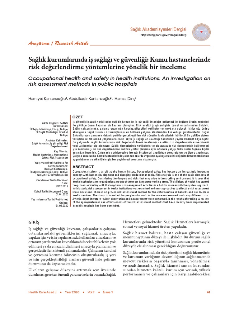 Sa L K Kurumlar Nda I Sa L Ve G Venli I Kamu Hastanelerinde Risk de Erlendirme y Ntemlerine y ...
