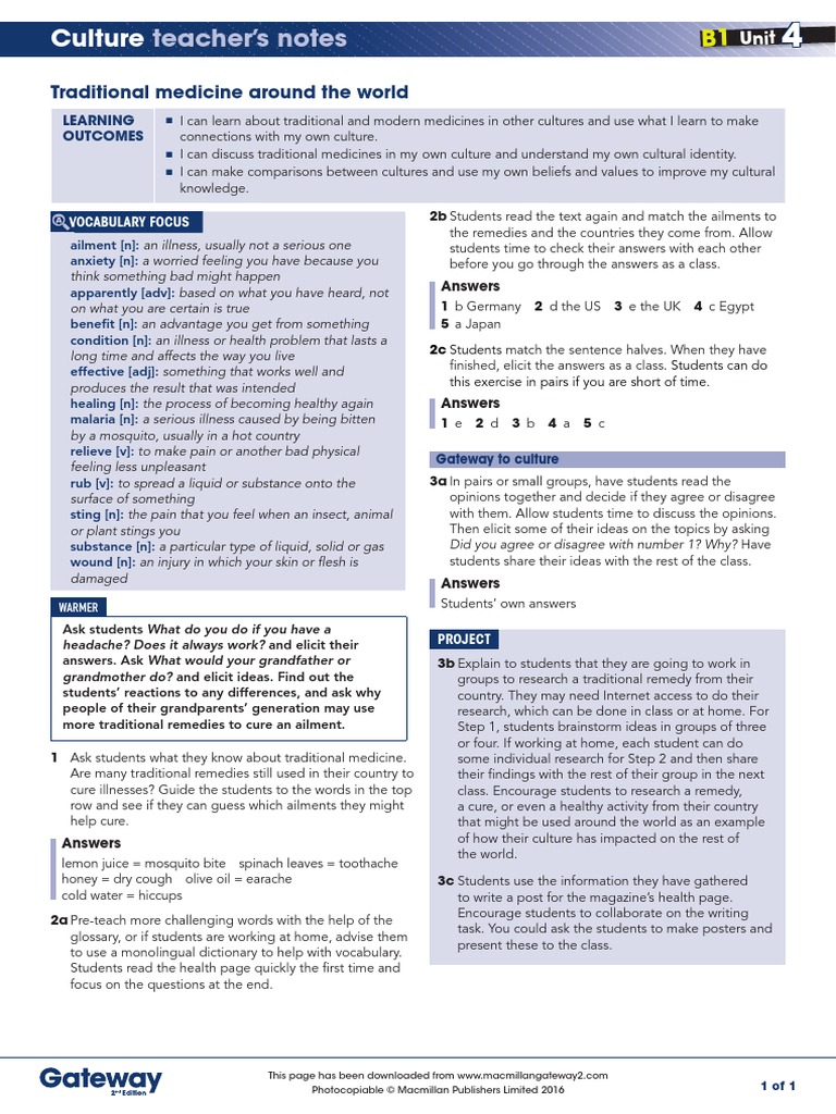 B1 UNIT 4 Culture Teacher's Notes | Download Free PDF | Pain ...