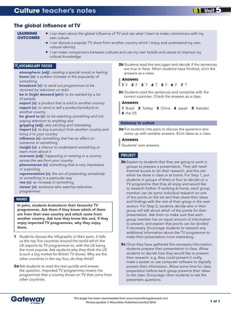 B1 UNIT 5 Culture Teacher's Notes | PDF | Communication | Cognition