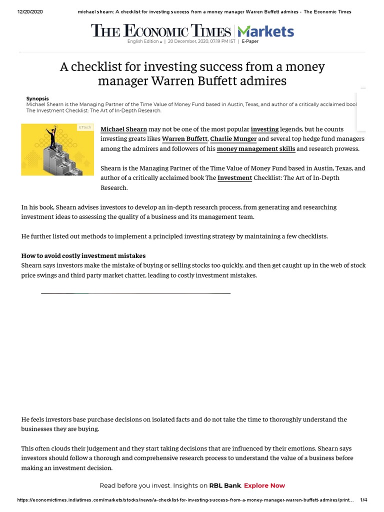 Michael Shearn - A Checklist For Investing Success From A Money Manager ...