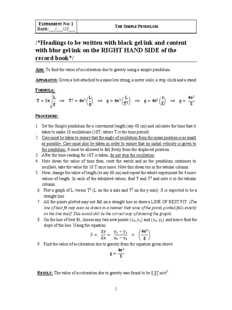 Ade 9 - Physics - Experiment 1 - Simple Pendulum | PDF | Pendulum | Oscillation