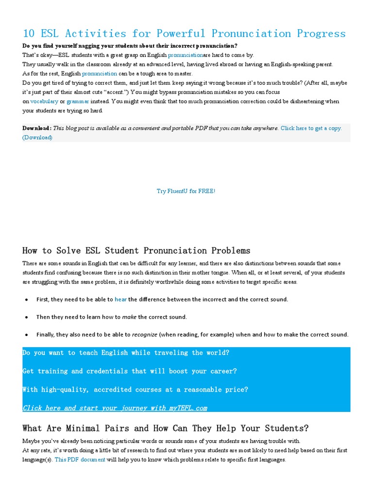 10 ESL Activities For Powerful Pronunciation Progr | PDF | English As A ...