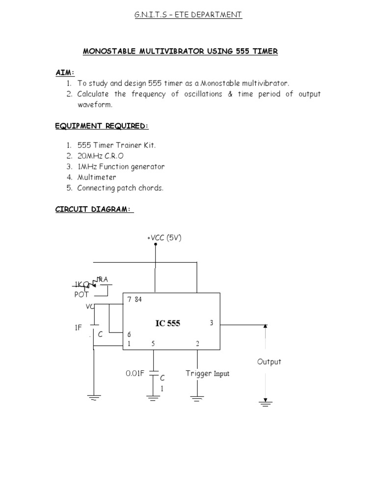 Monostable Multivibrator Using 555 Timer Aim | PDF | Electronic Design | Manufactured Goods