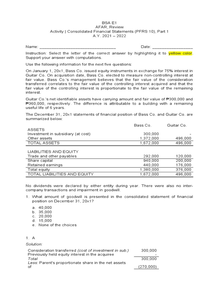 Activity - Consolidated Financial Statement, Part 1 (REVIEWER MIDTERM ...