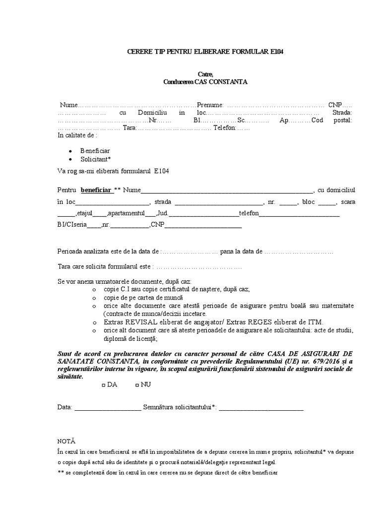 A-Model Cerere Eliberare Formular E104 | PDF