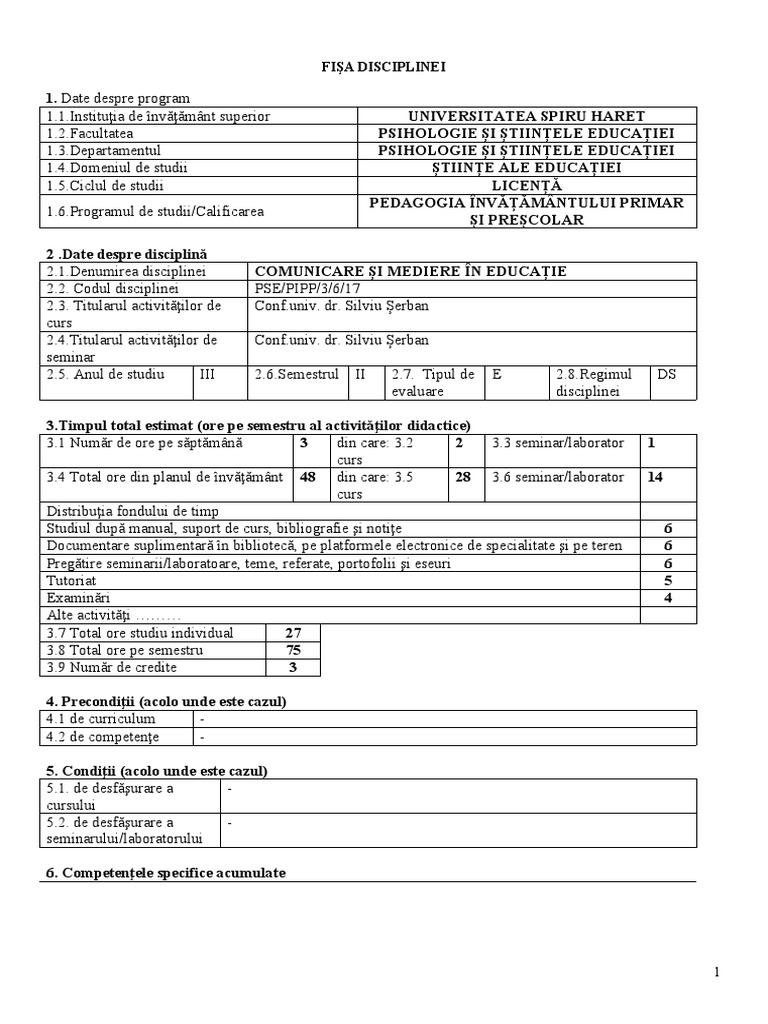 FISA DISCIPLINEI - Comunicare Si Mediere in Educatie | PDF