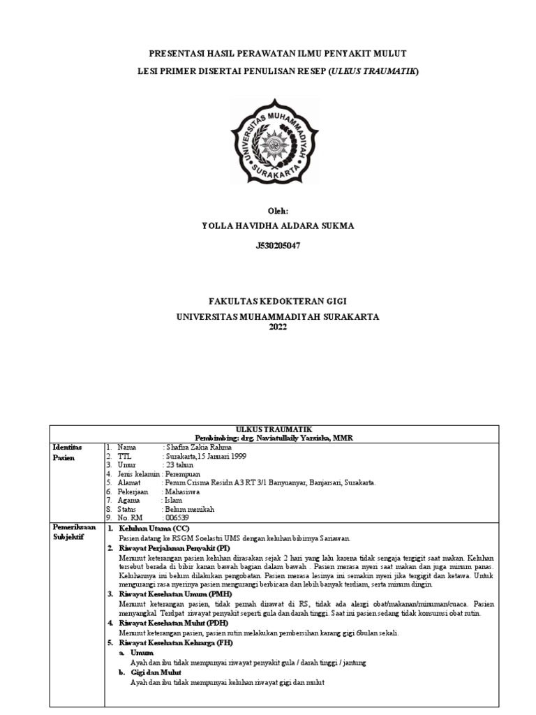 PHP Lesi Oral Primer Ulkus Traumatik Disertai Penulisan Resep | PDF