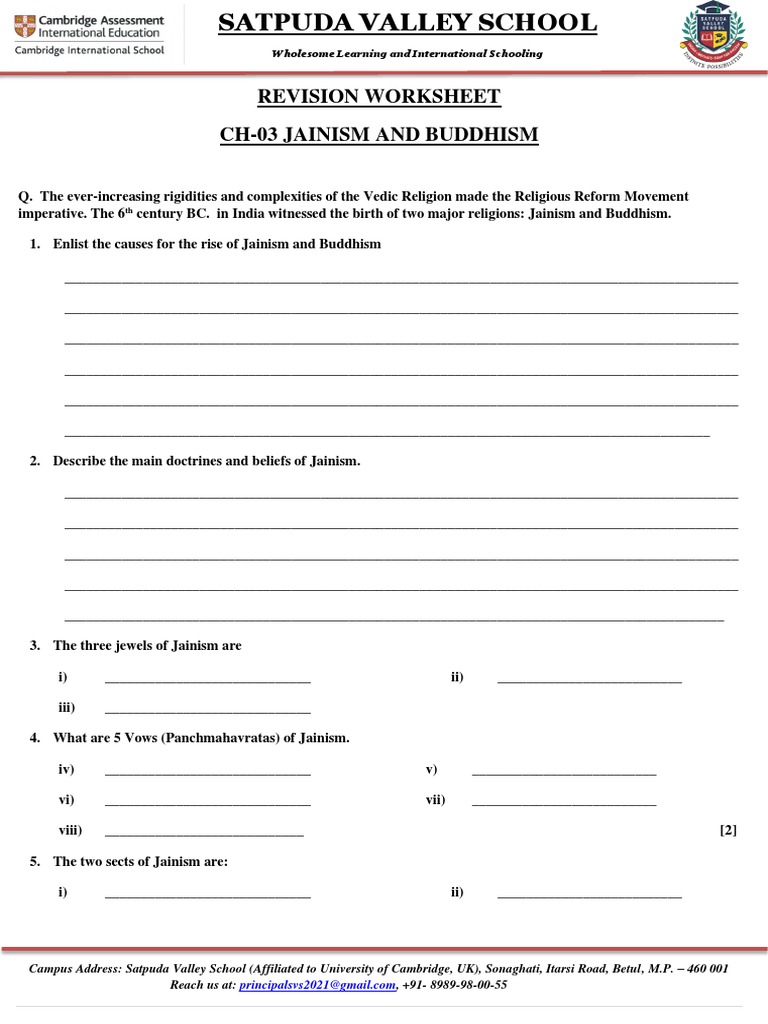 Revision Worksheet Ch-03 Jainism and Buddhism: Wholesome Learning and ...