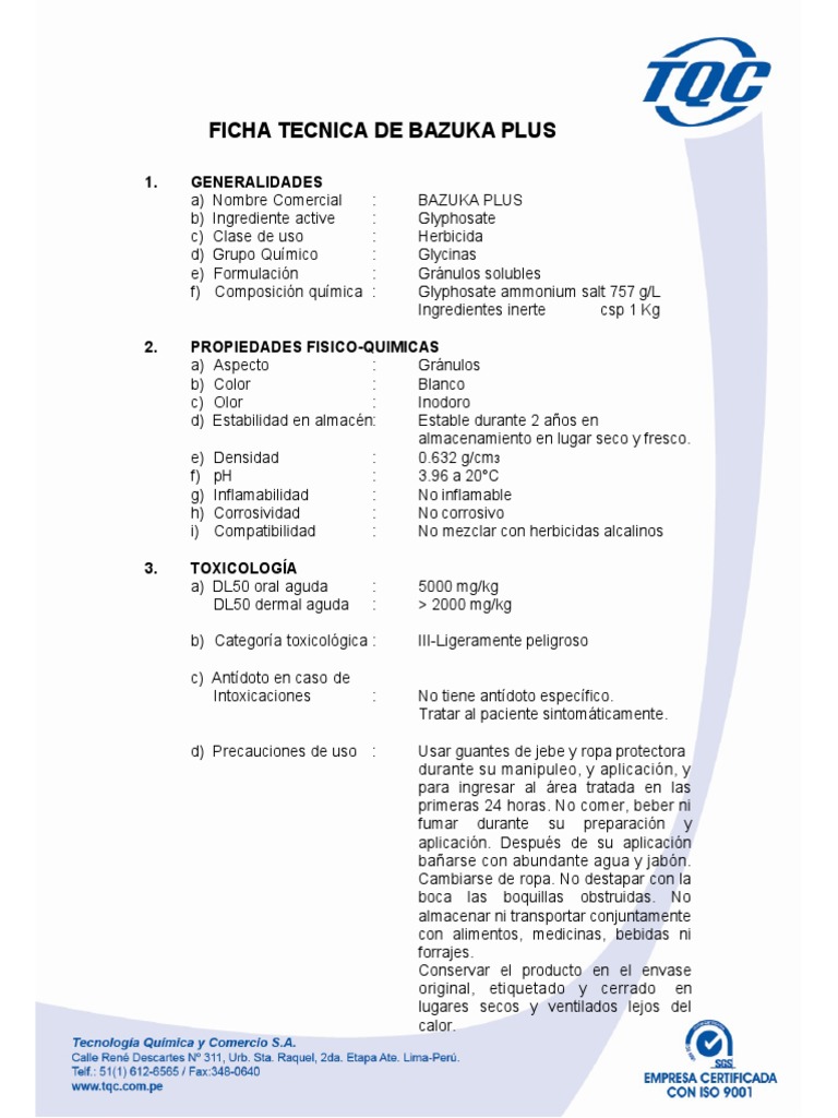 Ficha Tecnica de Bazuka Plus TQC 1 | PDF | Química
