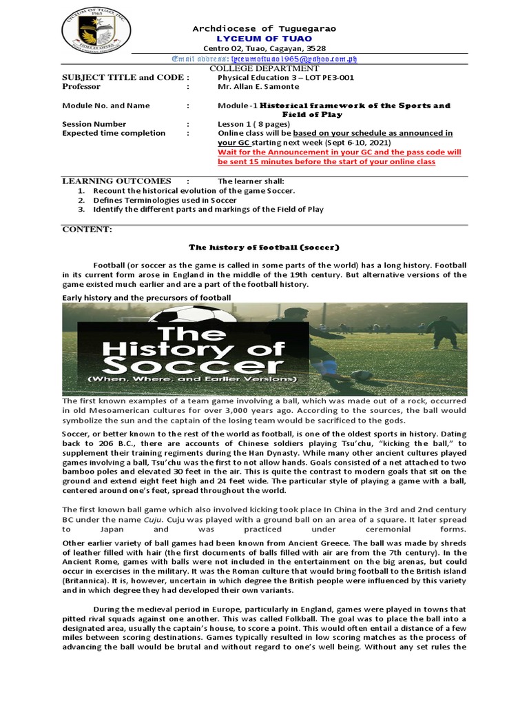 PE 3 - Module 1 (History and Field of Play) | PDF | Association Football | Defender (Association ...