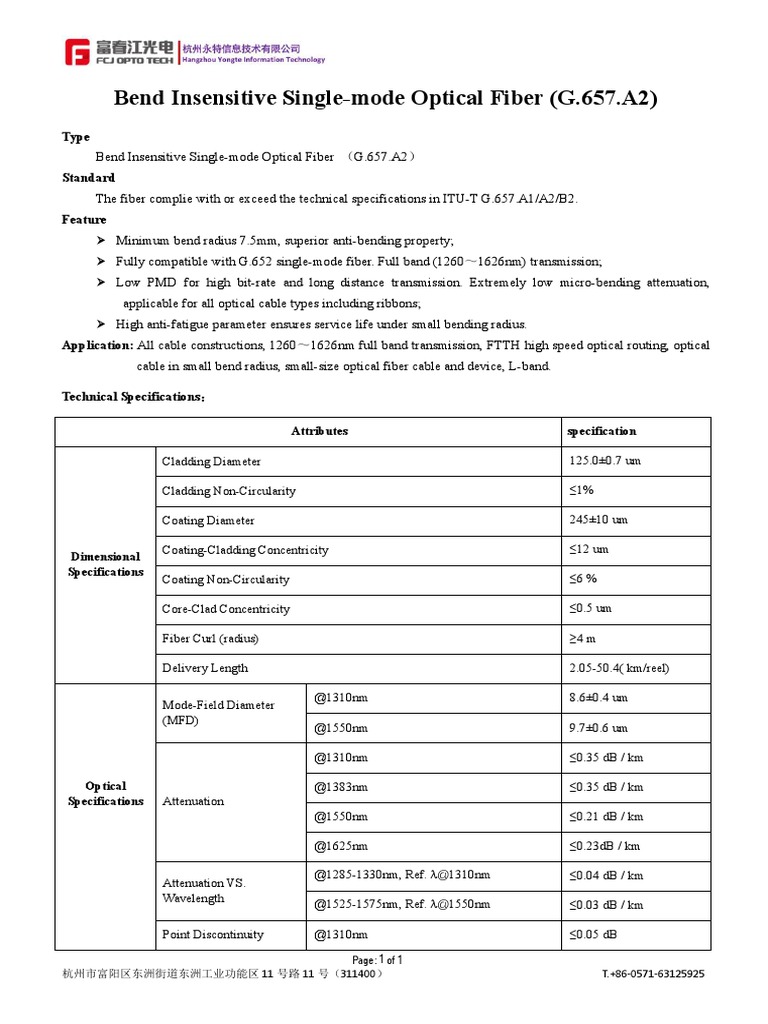 YongTe Single-Mode-Optical-Fiber G.657.A2 | PDF | Optical Fiber | Dispersion (Optics)