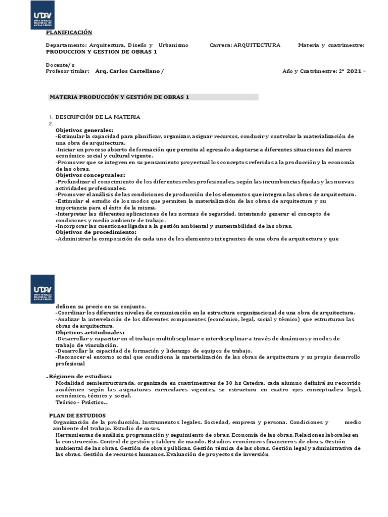 Produccion y Gestion de Obras 1 UNDAV 2° Cuat | PDF | Planificación ... Produccion y Gestion de Obras 1 UNDAV 2° Cuat | PDF | Planificación ...