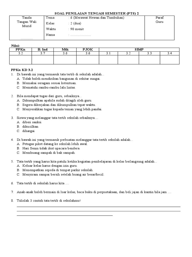 Soal PTS Kelas 2 Tema 6 Semester 2 | PDF