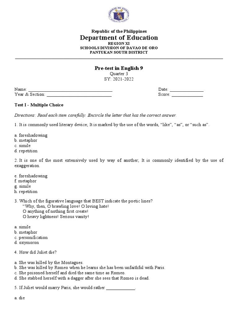 Quarter 3 Pre-Test in English 9 | PDF