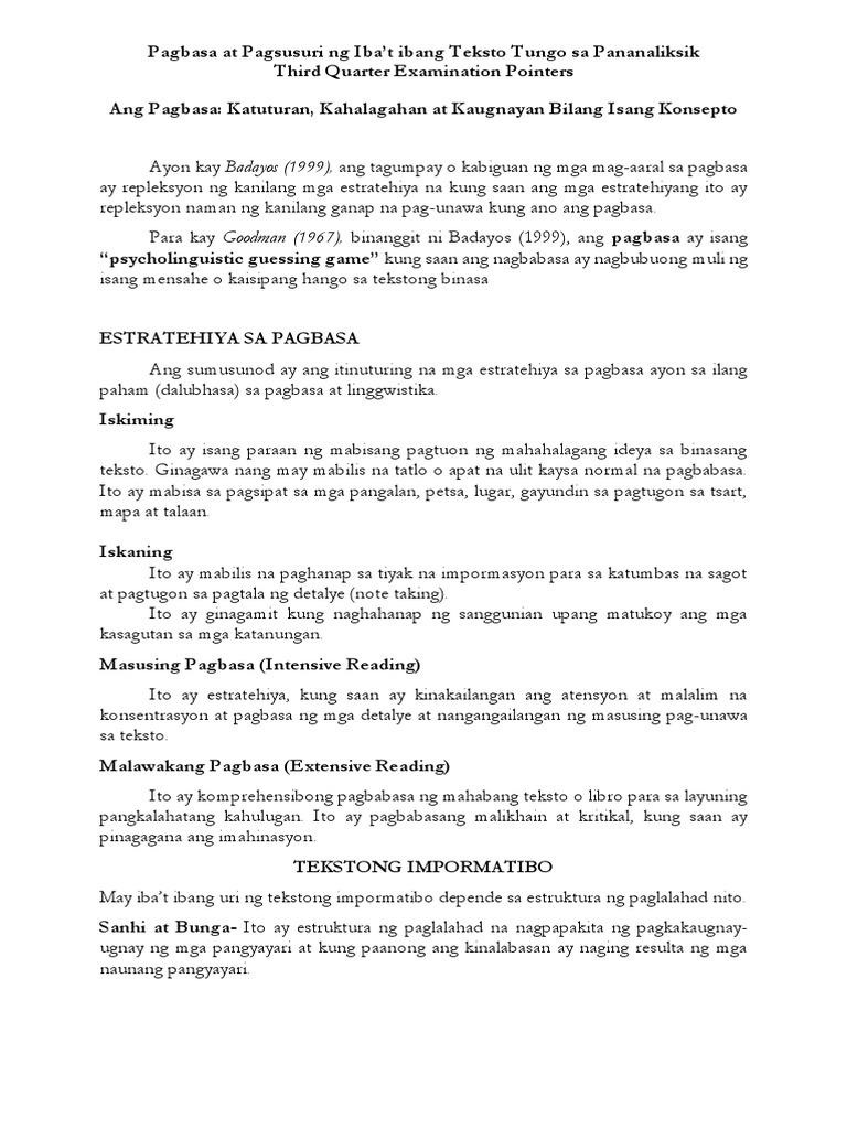 EXAM POINTERS - Pagbasa at Pagsusuri NG Ibat Ibang Teksto Tungo Sa Pananaliksik - 3rd - Quarter ...