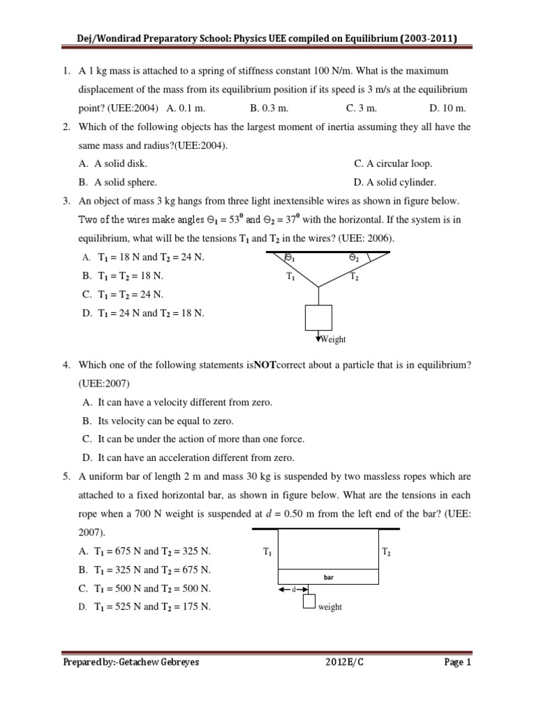 Compilation of Physics Problems on Equilibrium from Ethiopian ...