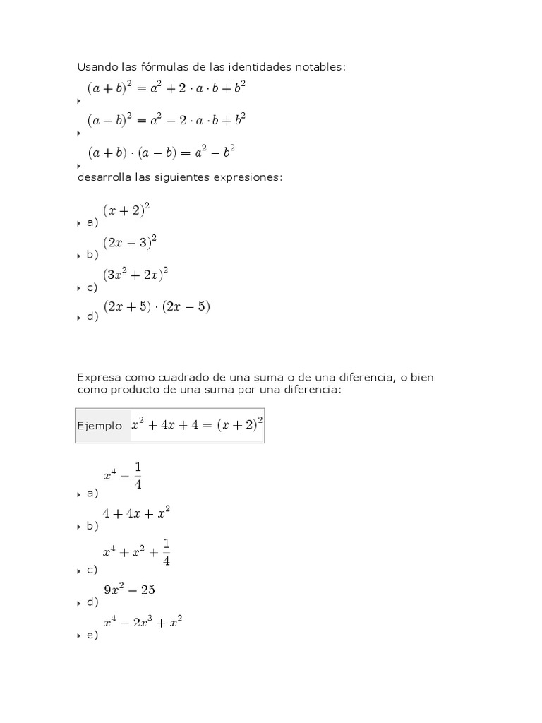 Identidades Notables Ejercicios | PDF