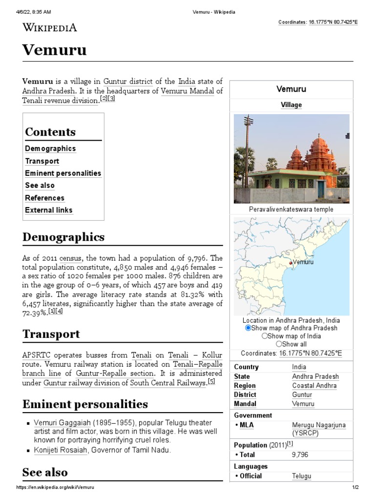 Vemuru: Vemuru Is A Village in Guntur District of The India State of | PDF