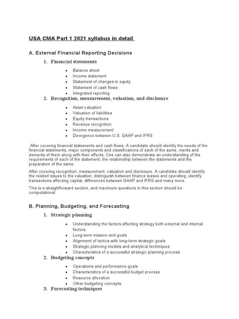 USA CMA Part 1 2021 Syllabus in Detail | PDF | Internal Control ...