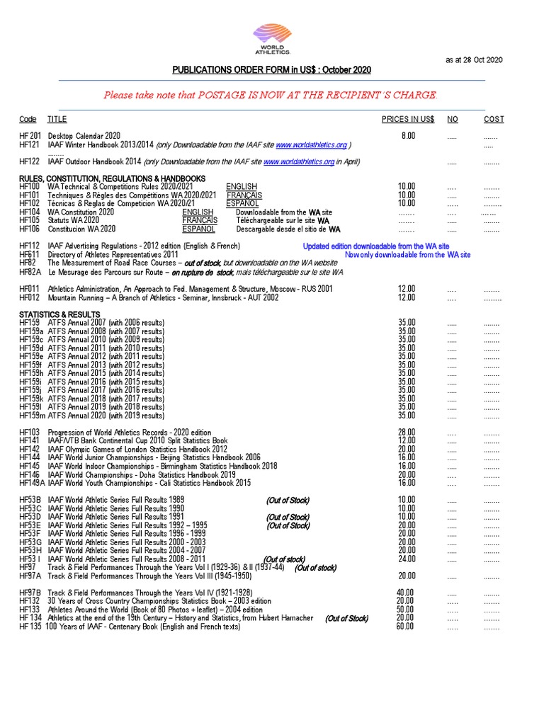 World Athletics Publications Order Form | PDF | Track And Field | Sport ...