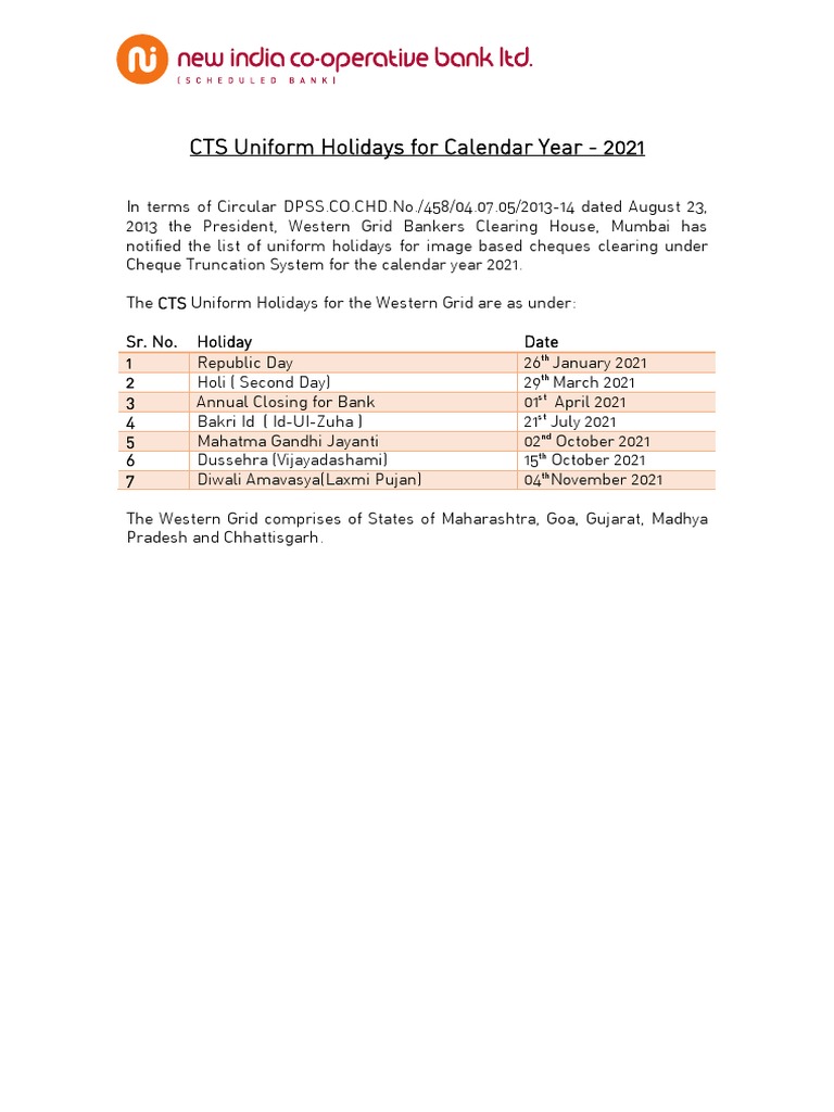 CTS Uniform Holidays For Calendar Year - 2021: TH TH ST ST ND TH TH | PDF