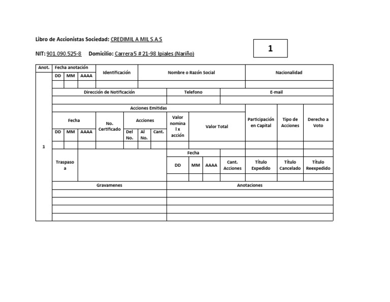Modelo de Libro de Accionistas SAS | PDF