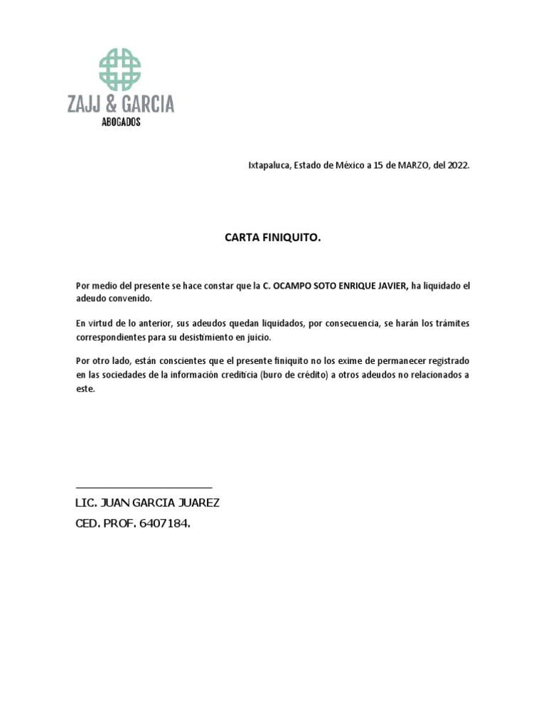 Carta De Finiquito Laboral | Formato de Carta de Finiquito Laboral 2 ...
