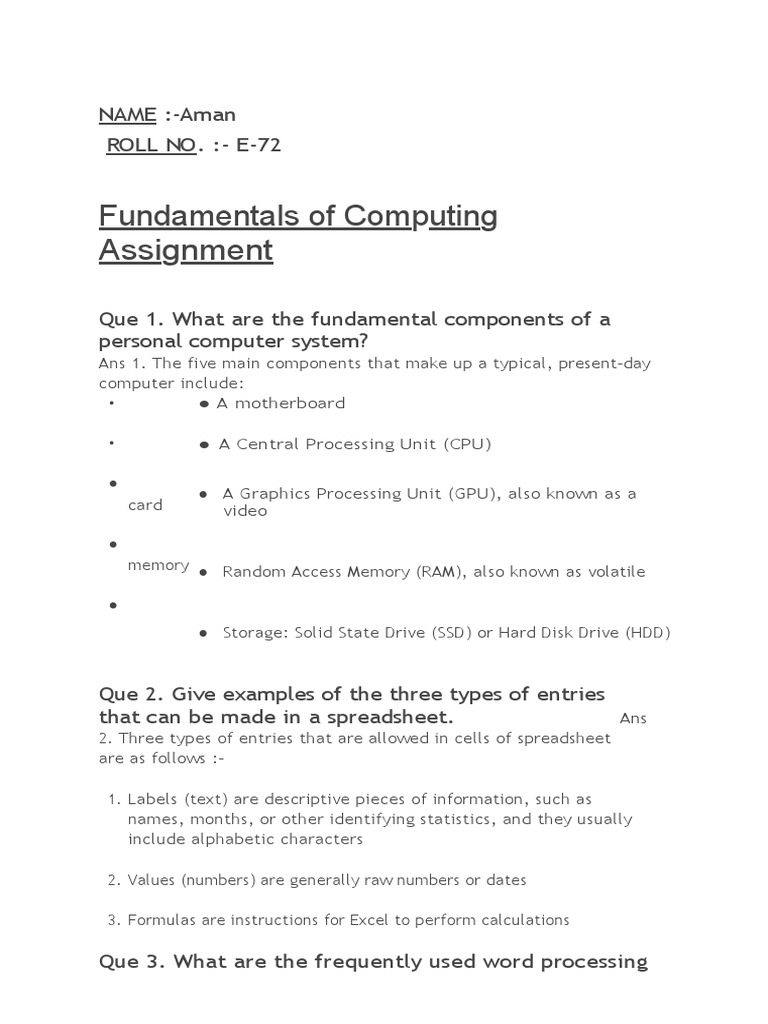 Fundamentals of Computing Assignment: NAME:-Aman Roll NO .:-E-72 | PDF ...