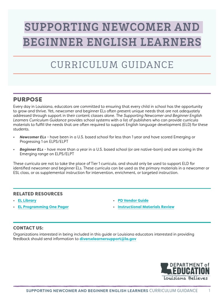 Newcomer Beginner Esl Curriculum Guide Pdf Curriculum English