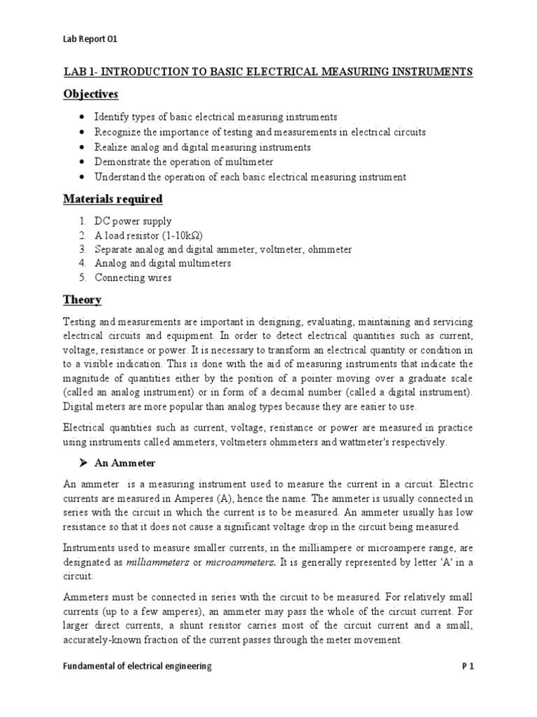 Objectives: Lab 1-Introduction To Basic Electrical Measuring ...