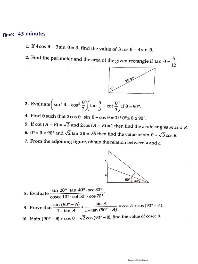 9th ICSE Trigonometry Test | PDF