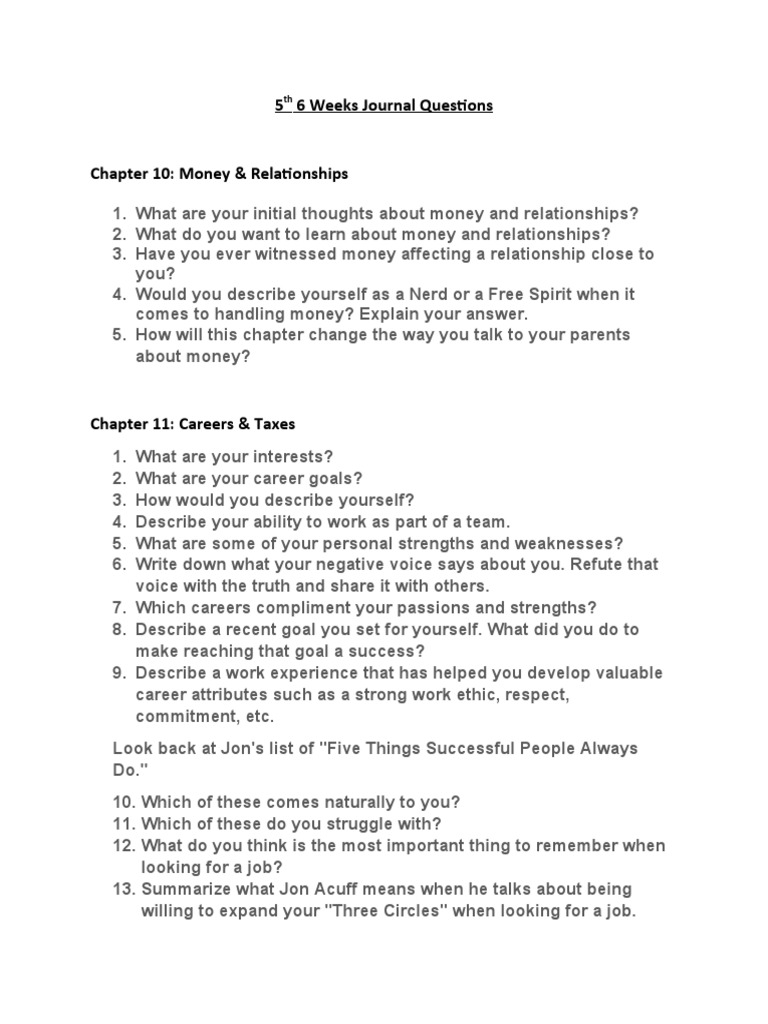 5 6 Weeks Journal Questions Chapter 10: Money & Relationships | PDF