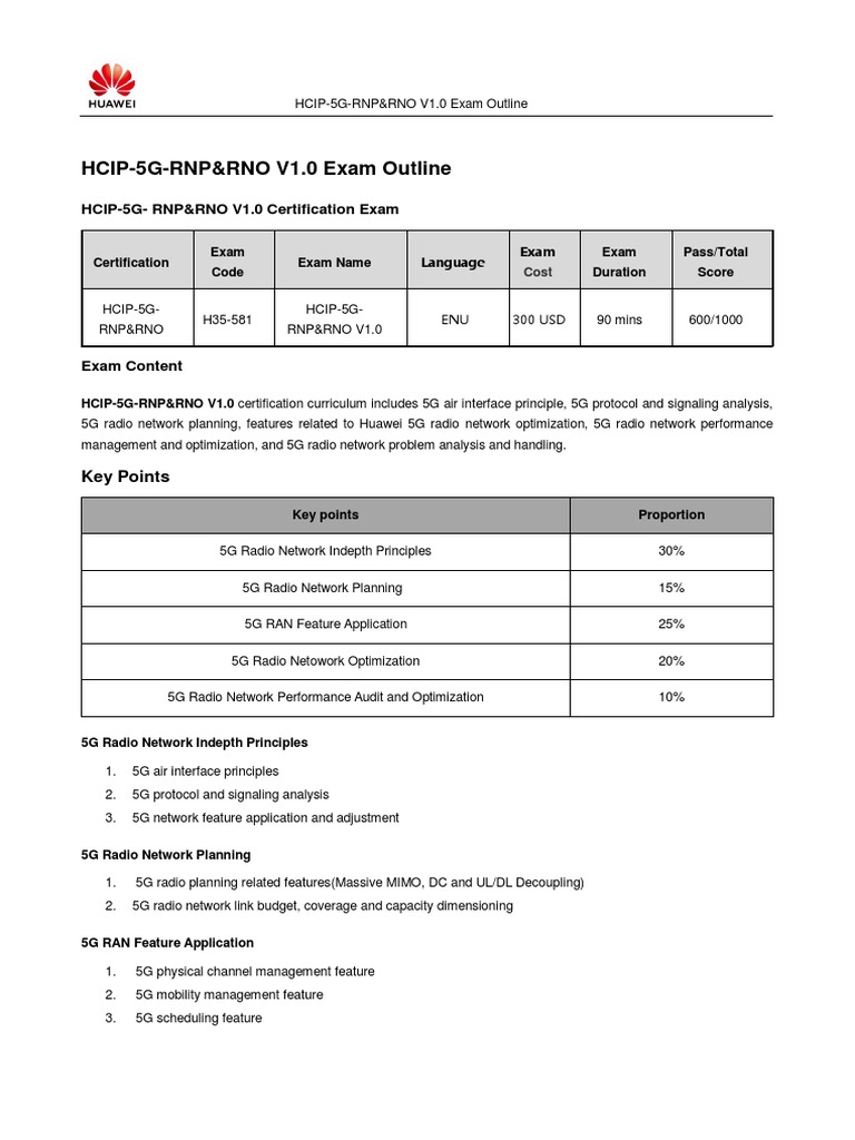 HCIP-5G-RNP&RNO V1.0 Exam Outline | PDF | Computer Network | Radio