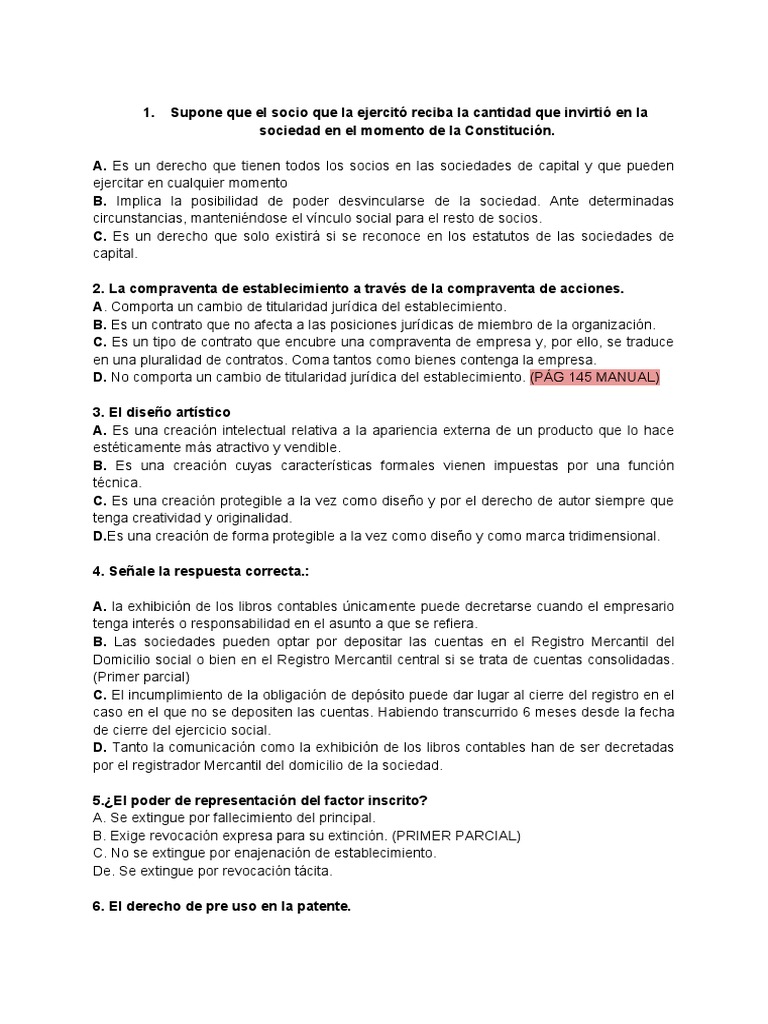 Tira de Preguntas Derecho Mercantil | PDF | Sociedad de responsabilidad limitada | Patentar