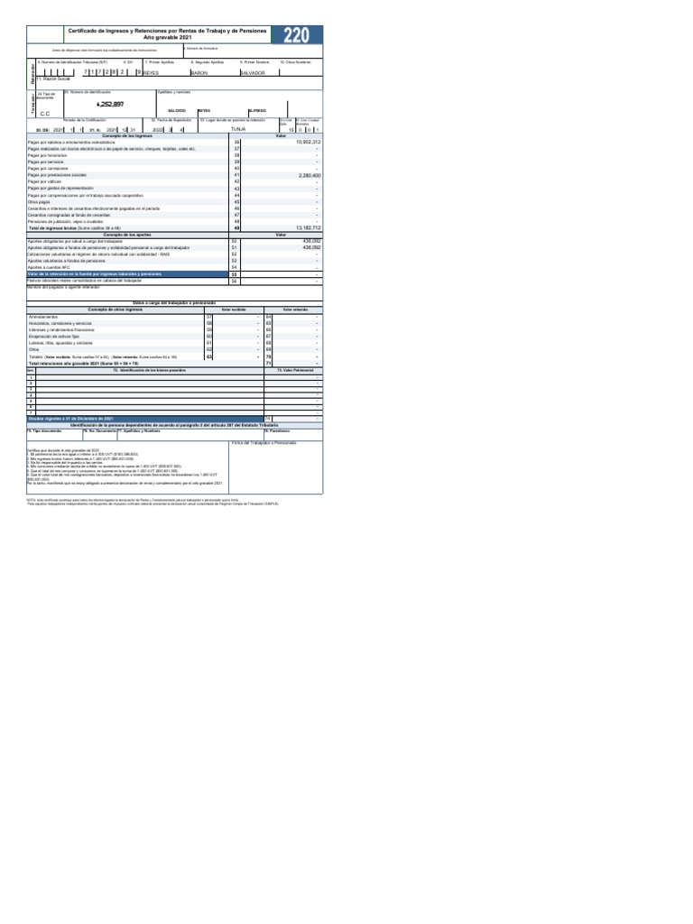 Formato 220 Certificado de Ingresos y Retenciones Año 2021 | PDF ...