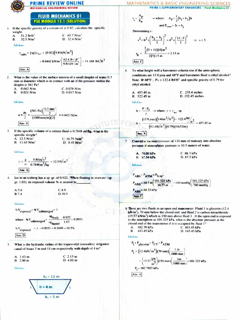 13.1 Fluid Mechanics 01 Solutions | PDF