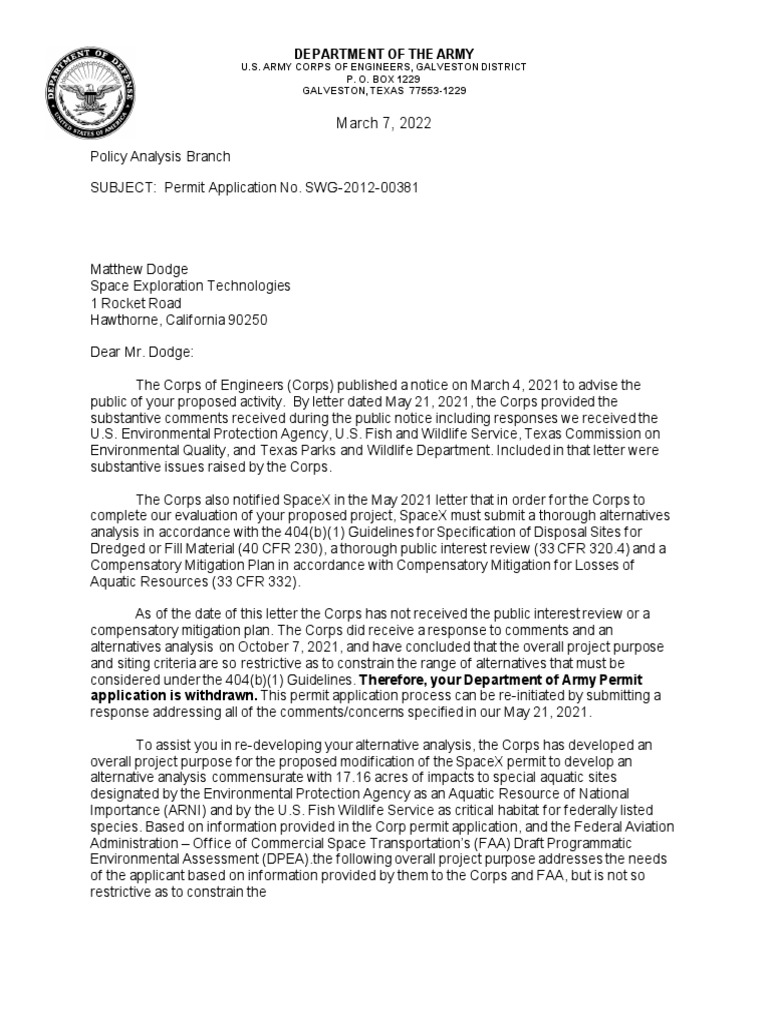U.S. Army Corps of Engineers Letter To SpaceX | PDF
