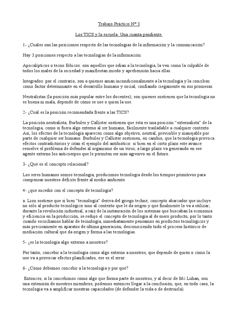 Practico 3. Las TICS y La Escuela Una Cuenta Pendiente. | PDF | Tecnología de información y ...