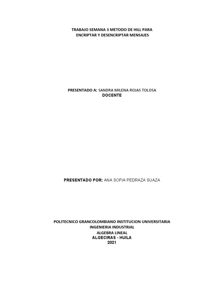 Cifrado y Descifrado con el Método Hill | PDF | Multiplicación | Matriz ...